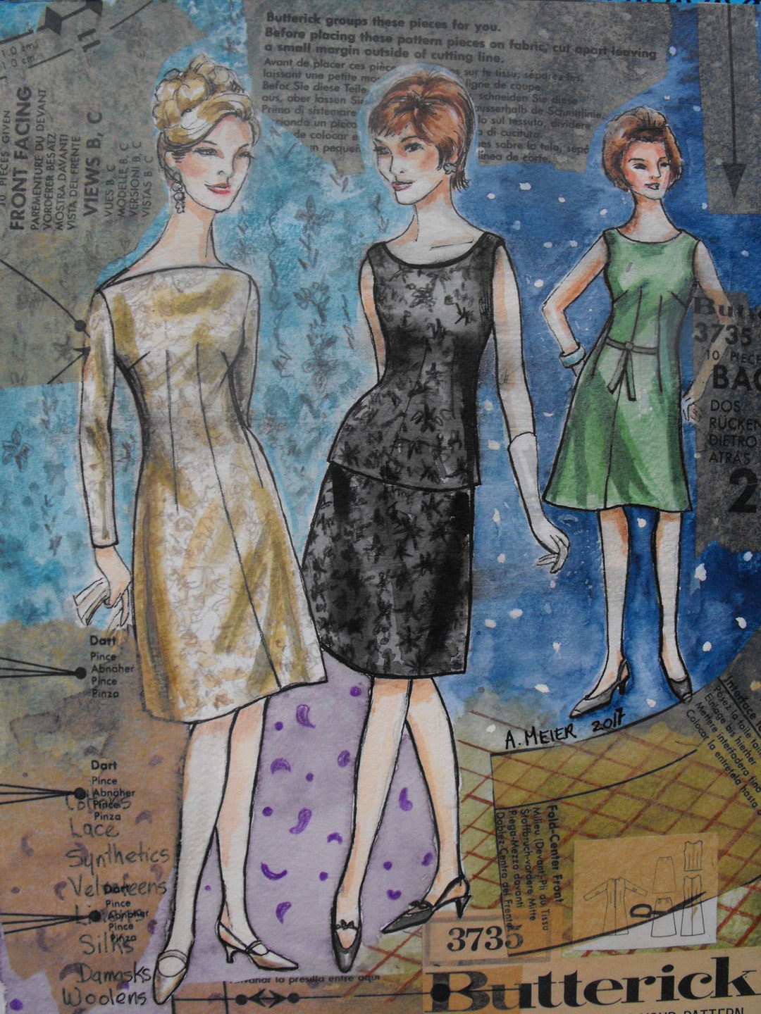 Sewing Pattern Collage, Sixties Mad Men Fashion Illustration, Original ...