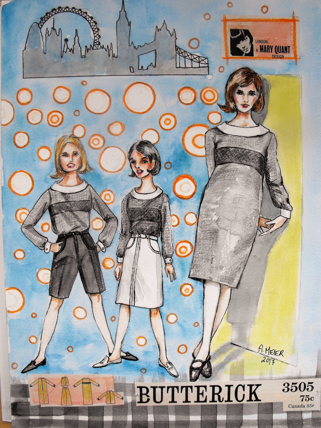 Sewing Pattern Collage, Vintage Mary Quant Sixties Fashion Illustration ...