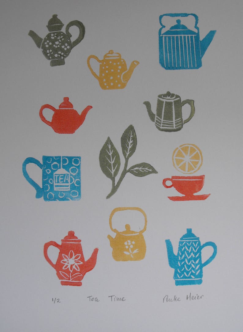 Teapot Linocut Print, Original Kitchen Wall Art - Etsy