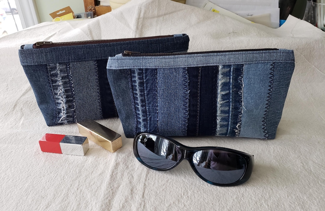 Denim Patchwork Zipper Pouch, Hand Sewn Recycled Jeans, Stuff Storage ...