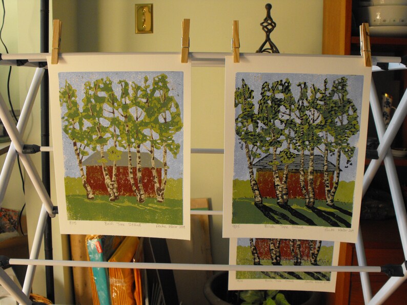 Birch Tree Stand Red Garage Original Linocut Block Print 9 - Etsy