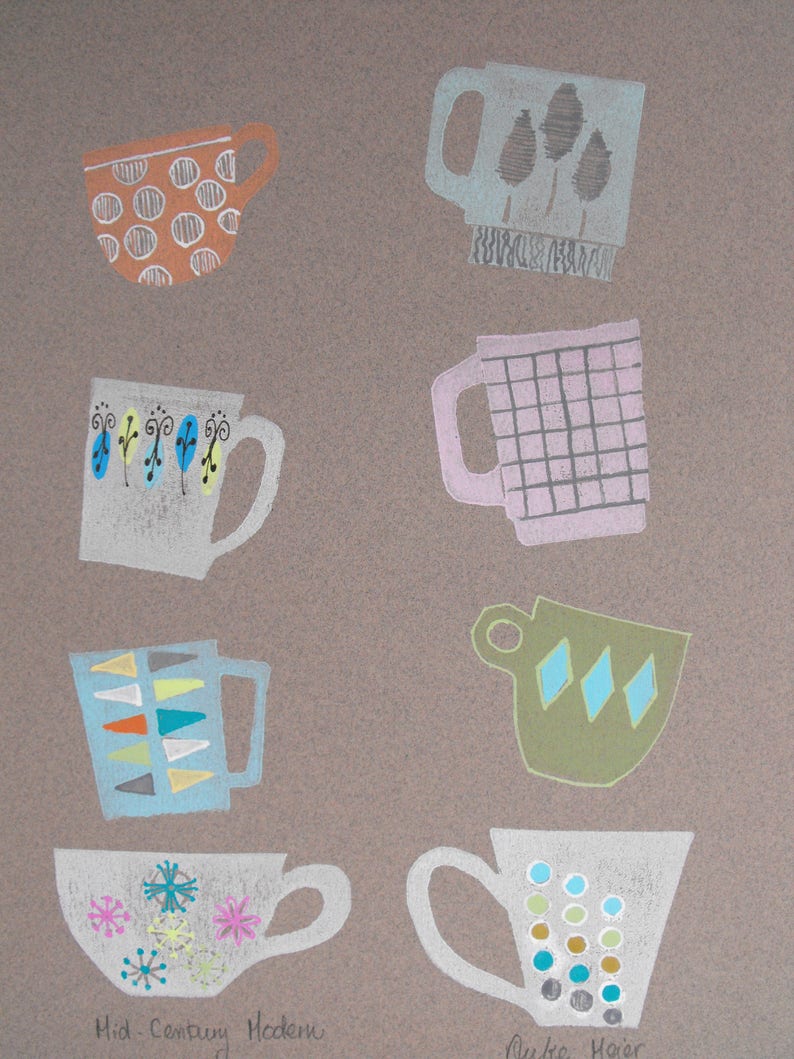 Mid Century Modern Cups and Mugsoriginal Block Print Hand - Etsy