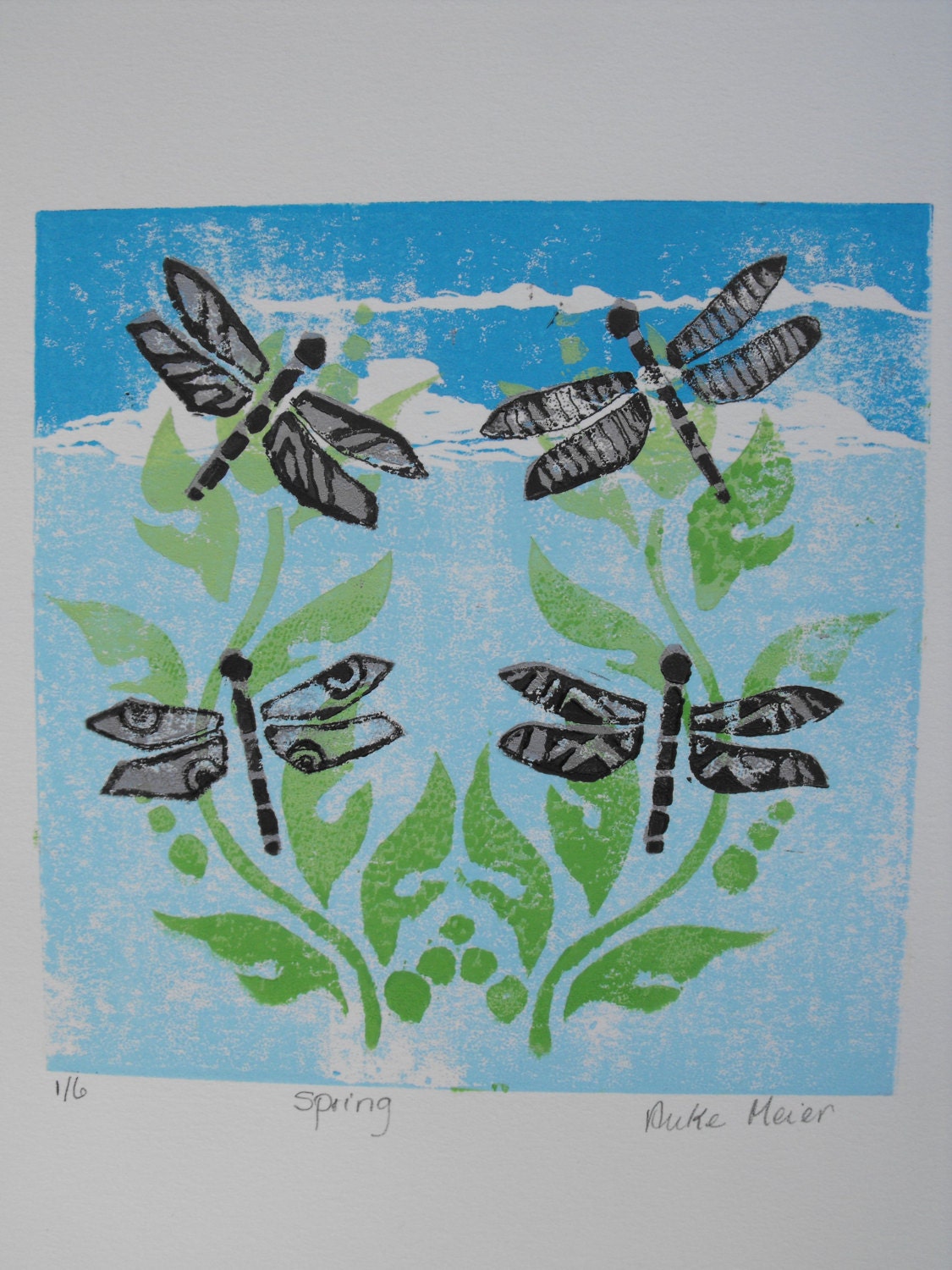 Dragonfly in Spring Original 6 Colour Linocut Block Print - Etsy