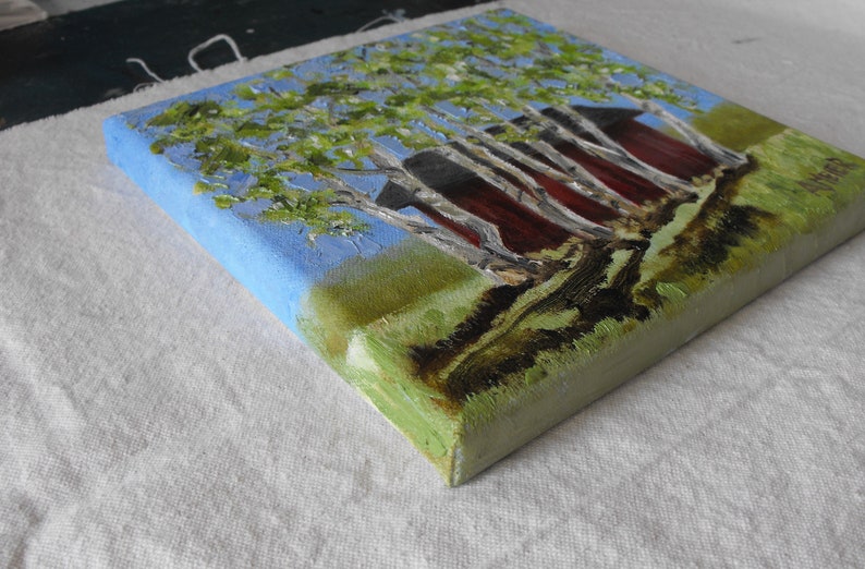 Birch Tree Stand Old Red Garage Original Spring Landscape - Etsy