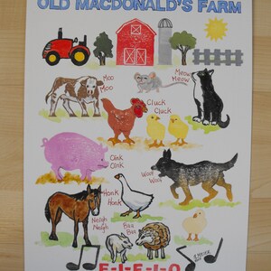 Old Macdonald Had a Farm, Popular Kindergarten Song, Original Linocut ...