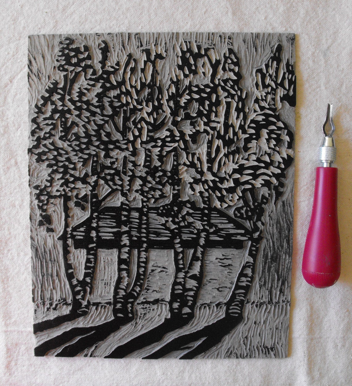 Birch Tree Stand Red Garage Original Linocut Block Print 9 - Etsy