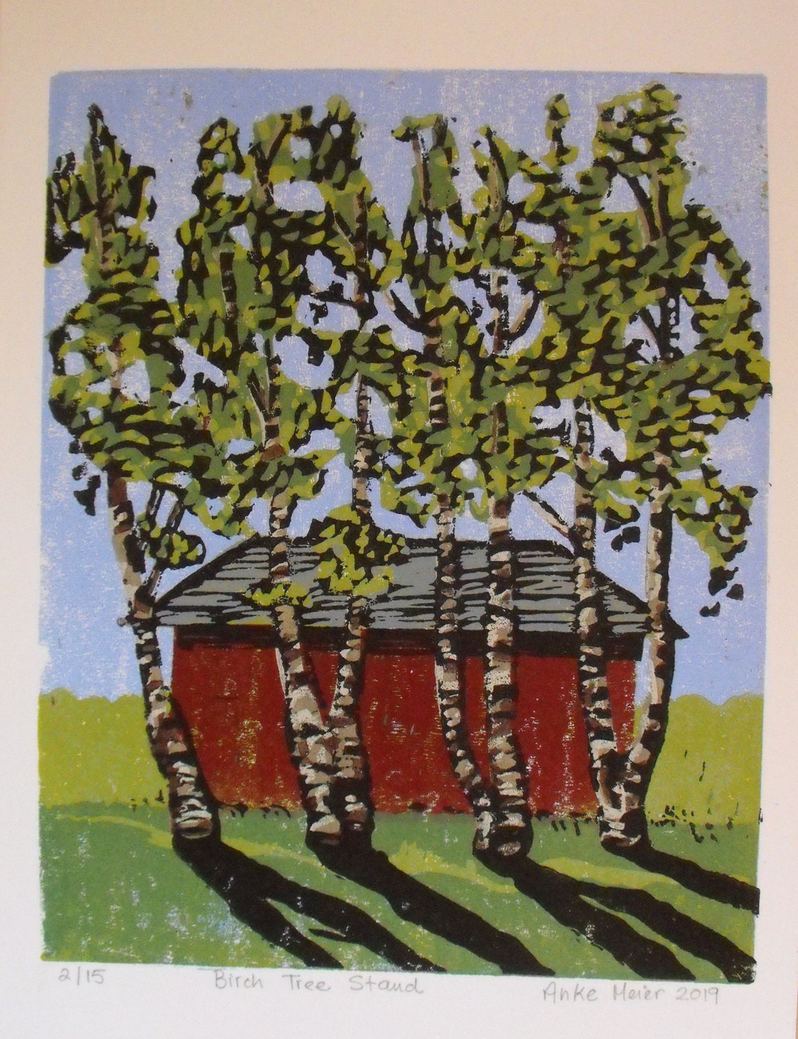 Birch Tree Stand Red Garage Original Linocut Block Print 9 | Etsy