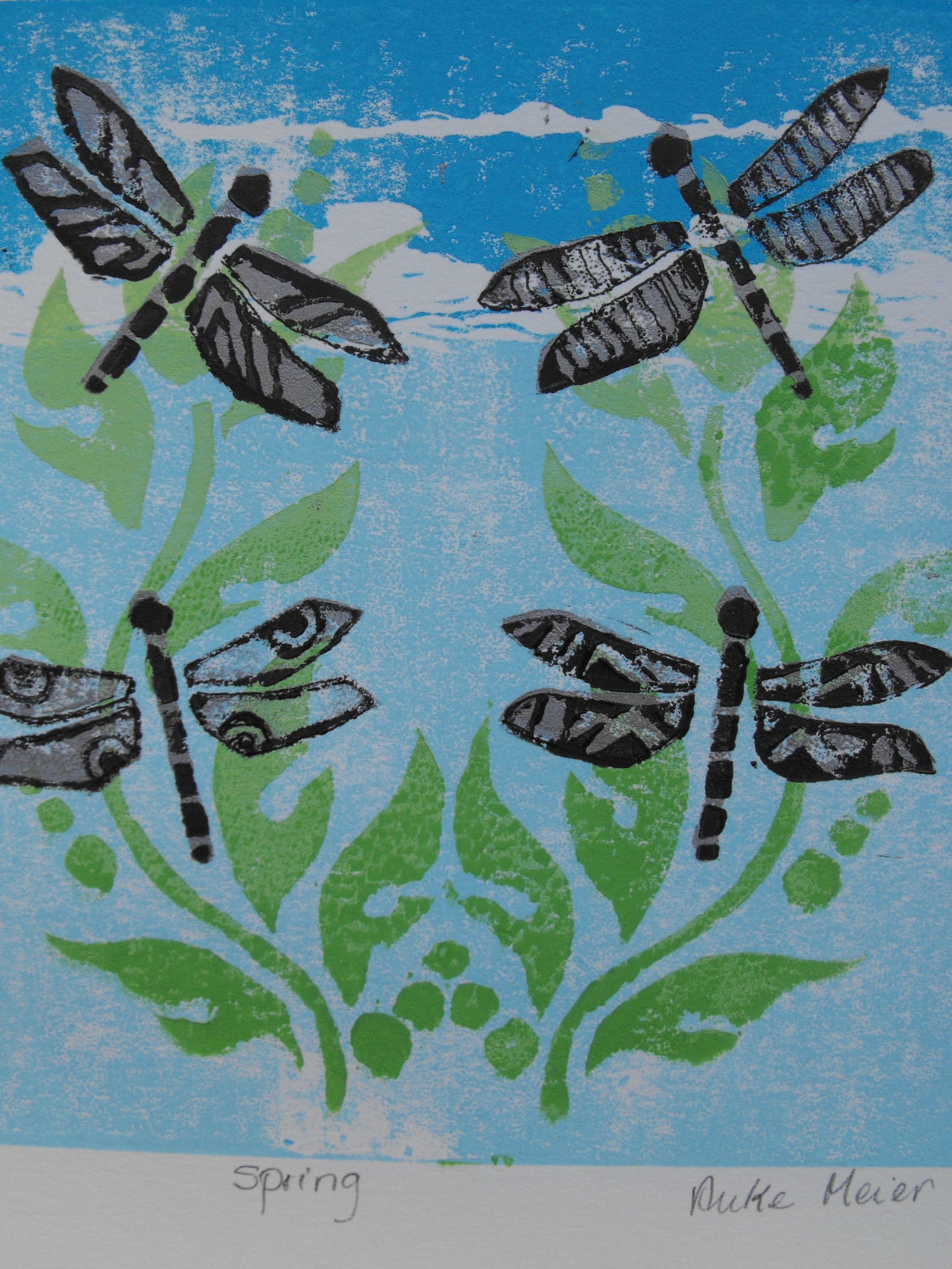 Dragonfly in Spring Original 6 Colour Linocut Block Print - Etsy
