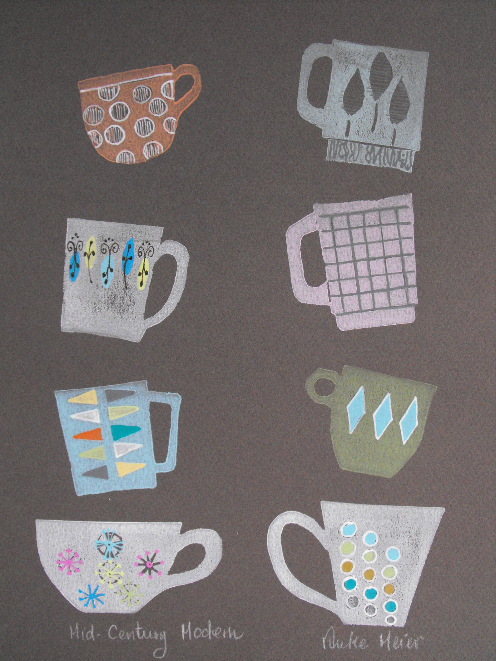 Mid Century Modern cups and mugsoriginal block print hand | Etsy