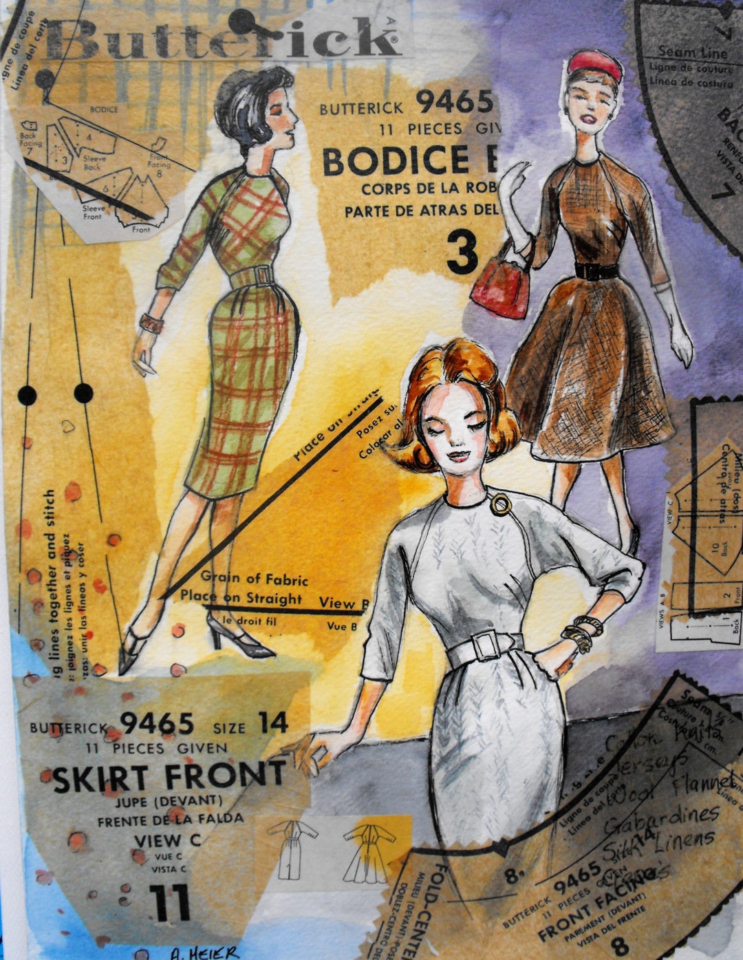 Sewing Pattern Collage, Vintage Fifties Fashion Illustrations, Original ...