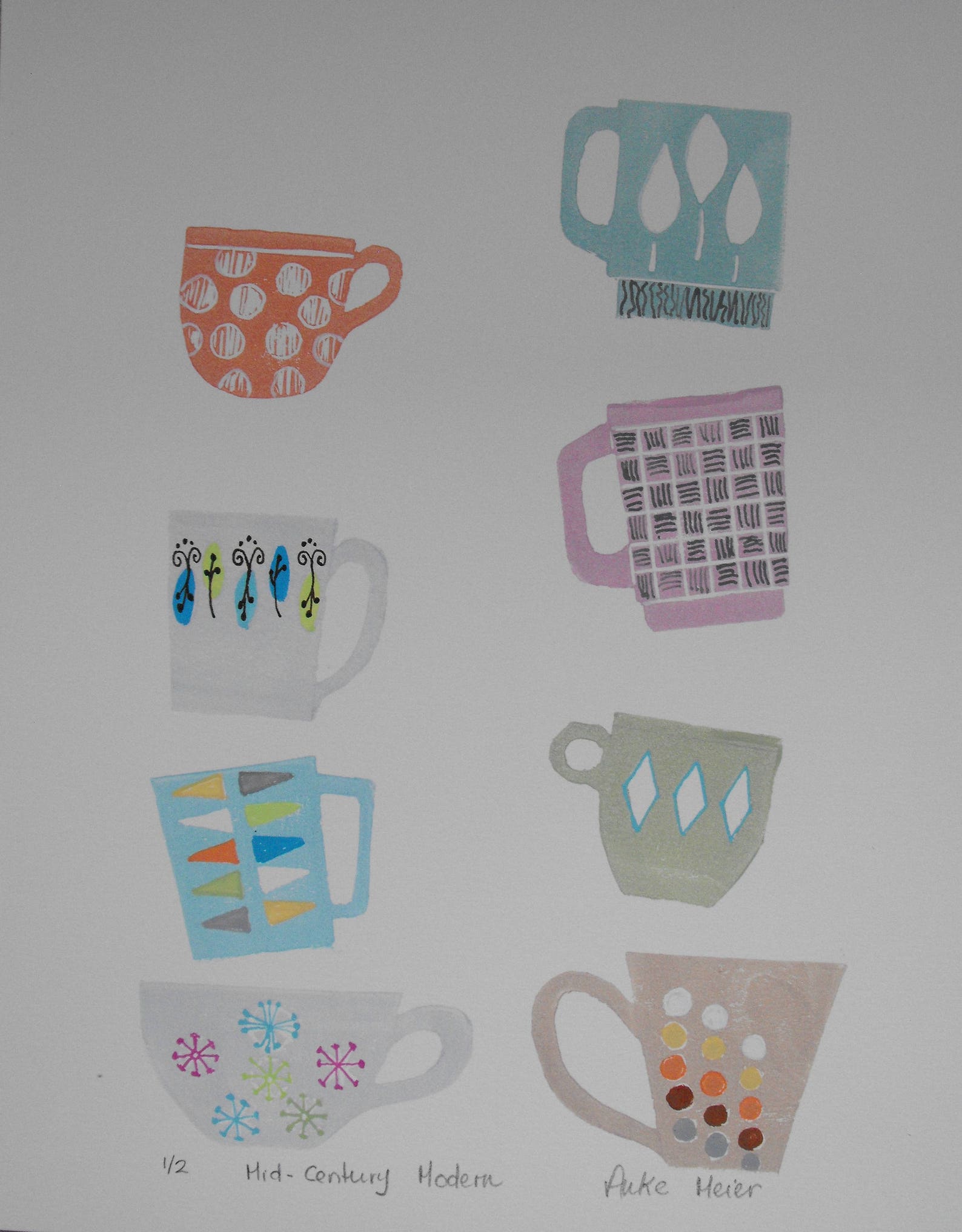 Mid Century Modern Cups and Mugsoriginal Block Print Hand - Etsy