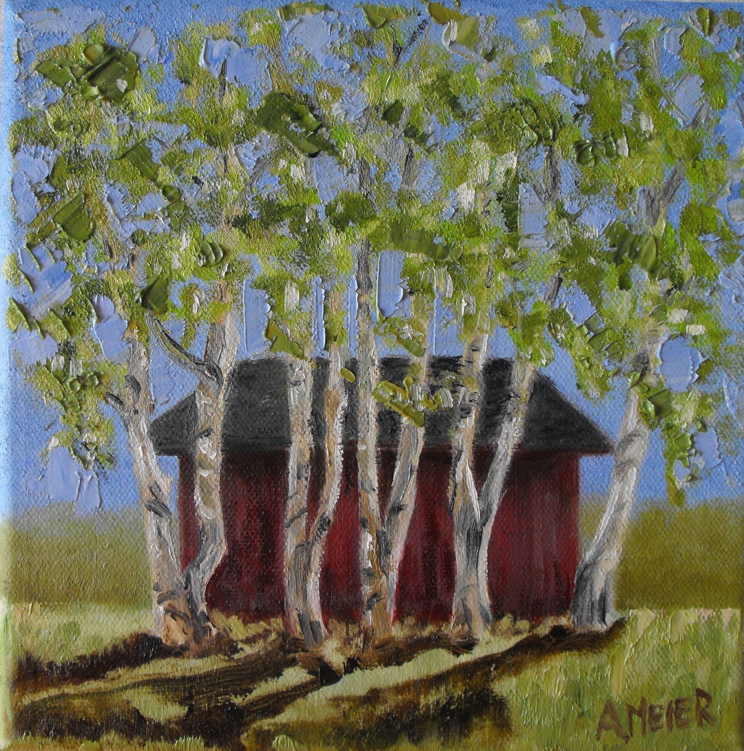 Birch Tree Stand, Old Red Garage, Original Spring Landscape ...
