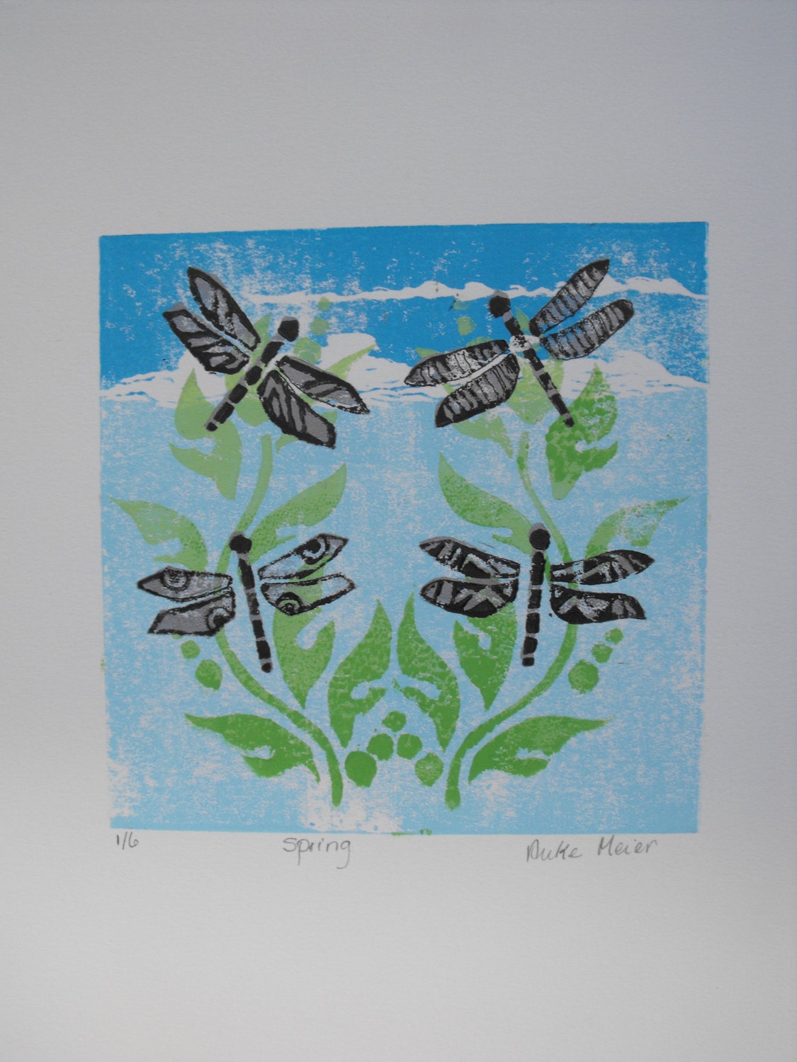 Dragonfly in Spring Original 6 Colour Linocut Block Print - Etsy