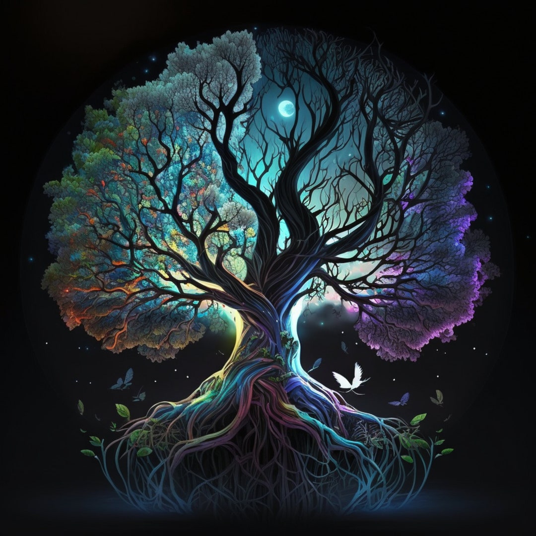Tree of Life at Night Celestial Glow Digital Paper Background Crafting ...