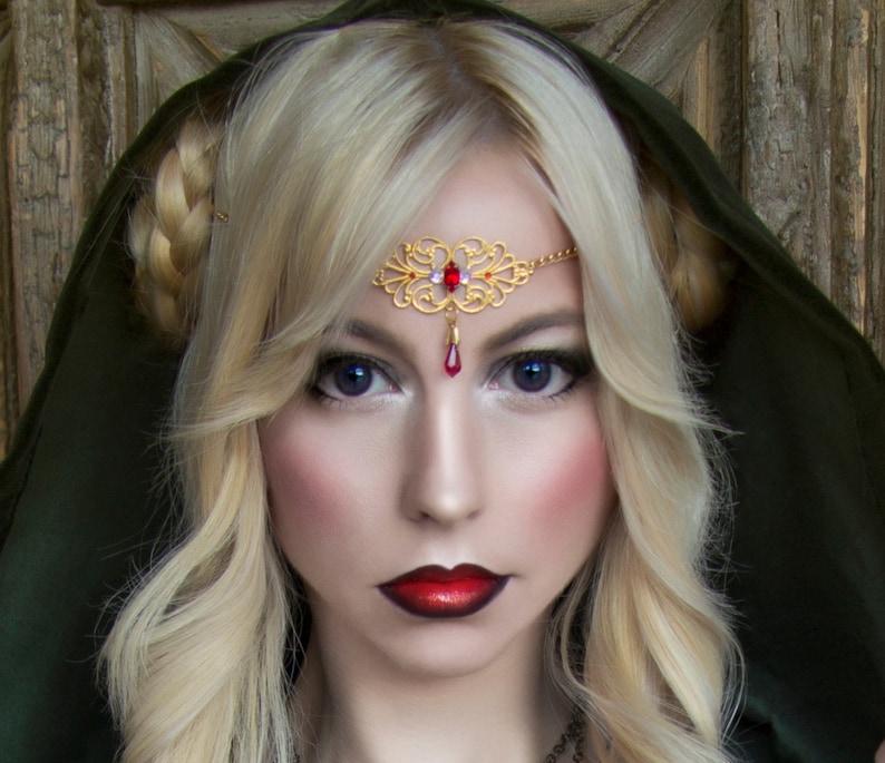 Golden Circlet / Tiara With Red Gem and Red Pendant - Fire Sorceress ...