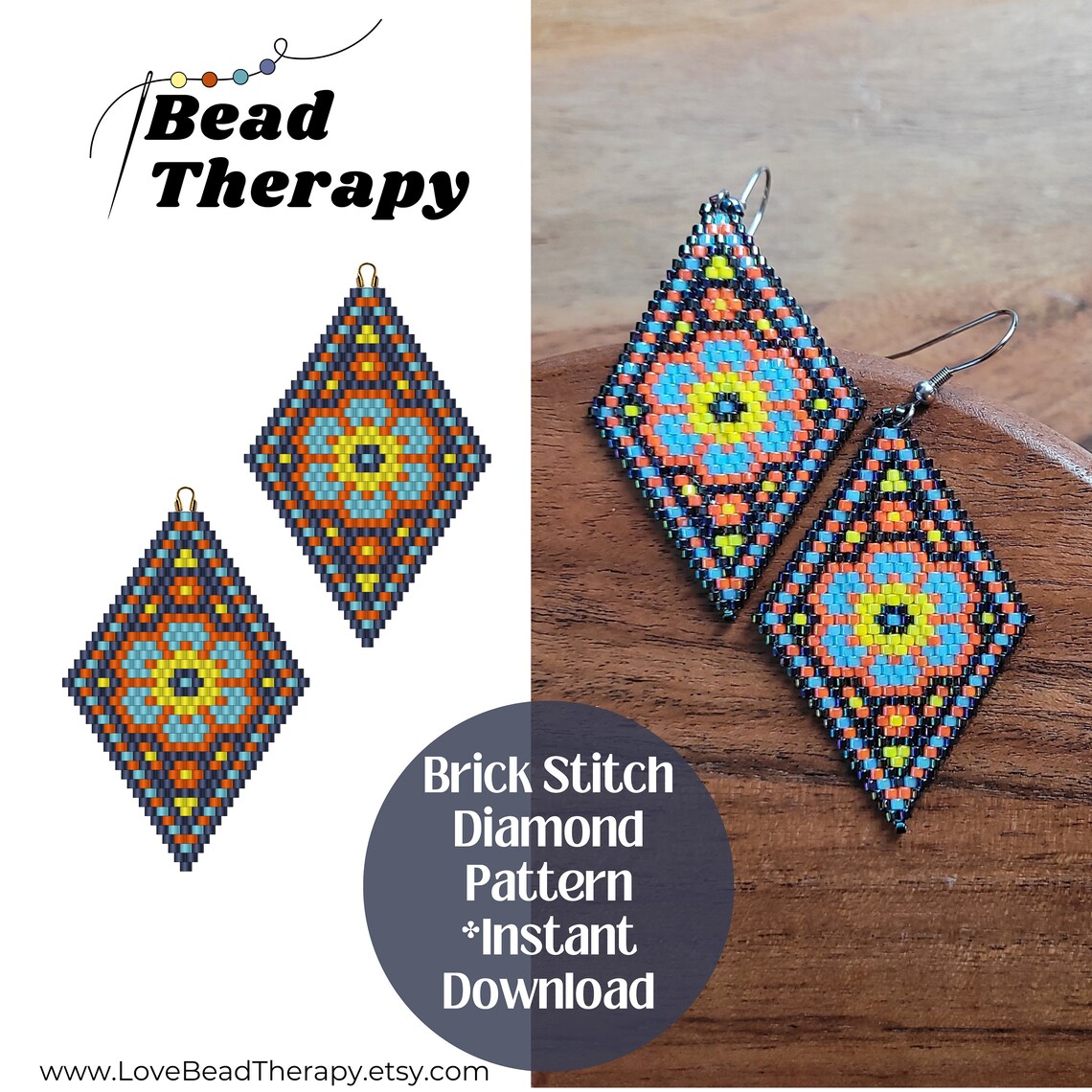 Bead Pattern for Retro Floral Diamond Brick Stitch, Delica Bead Graph ...