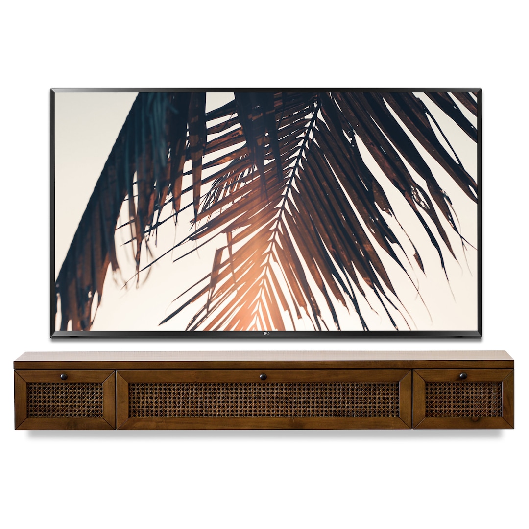 Brown Cane Floating TV Stand Boho Wall Mount Rattan Wicker Console ...