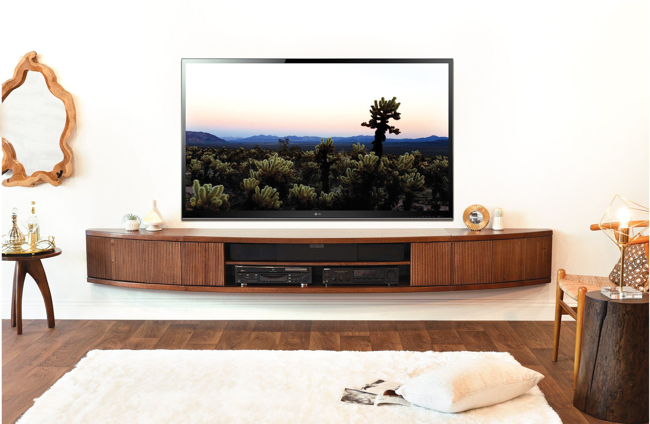 Floating TV Stand Mid Century Modern Entertainment Center Arc Mocha Etsy