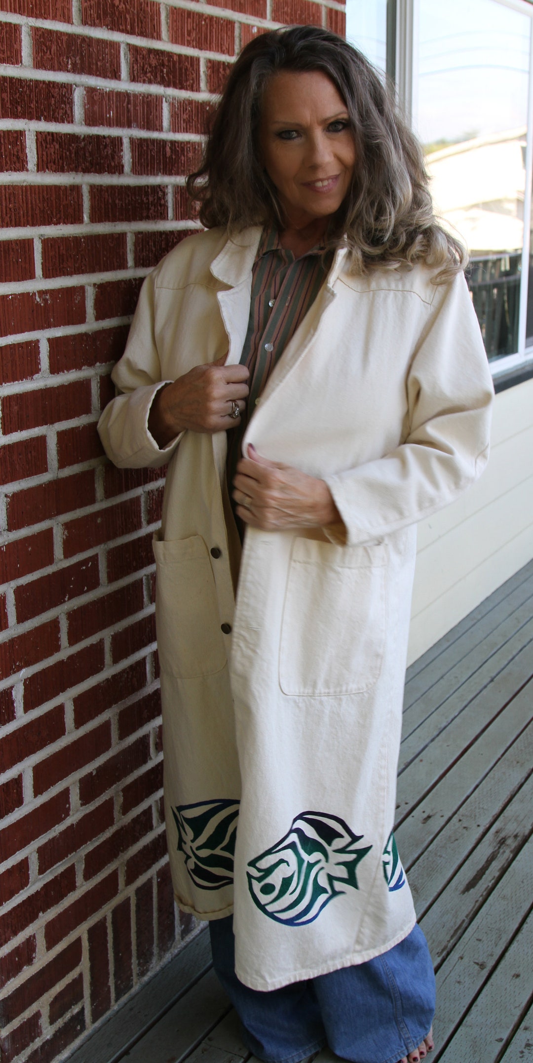 Long Cotton Button Front Canvas Duster Coat With Fish Images in Size ...