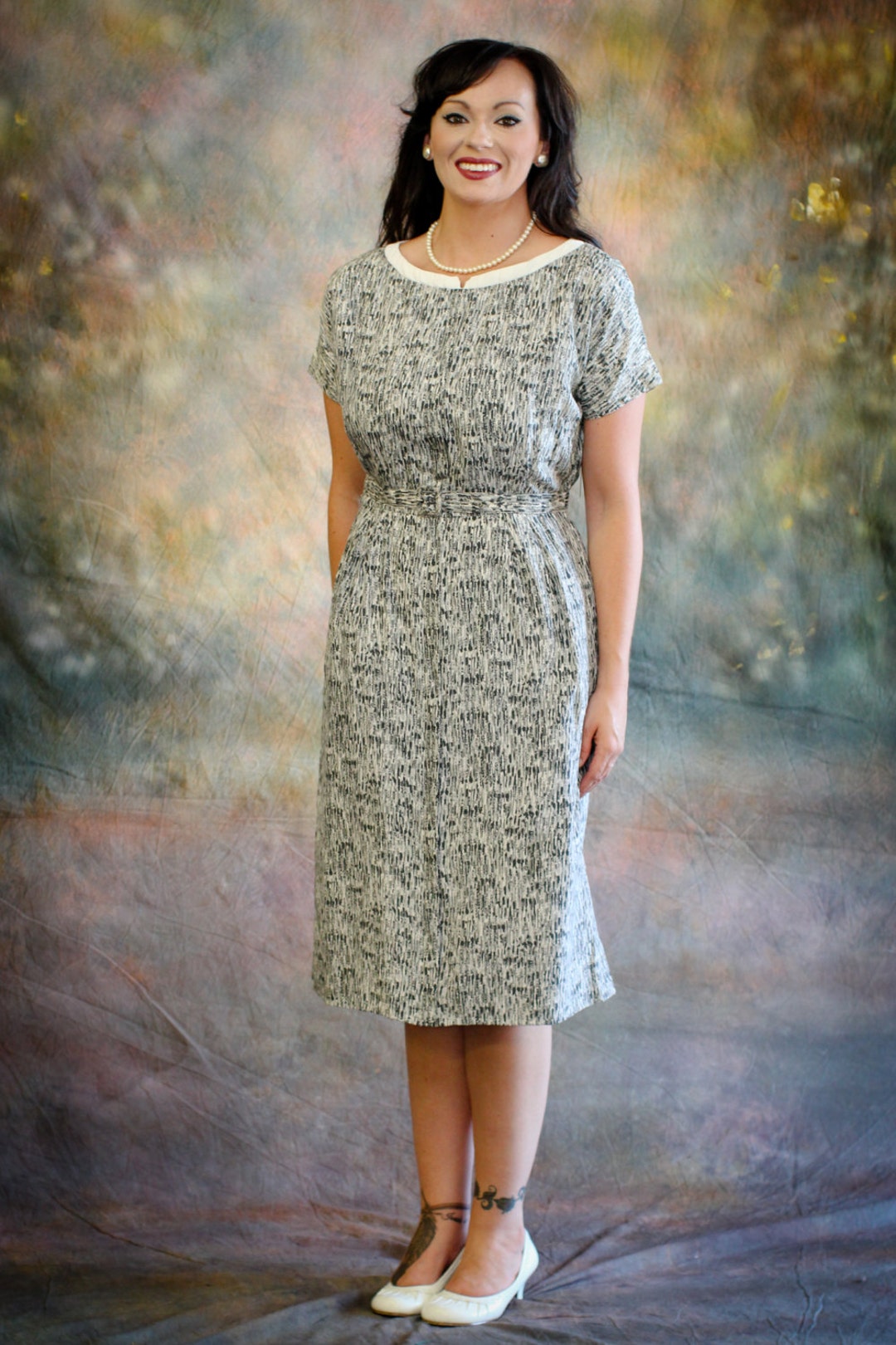 Vintage 1950' Modest Belted Secretary's Dress in Gray and White With ...