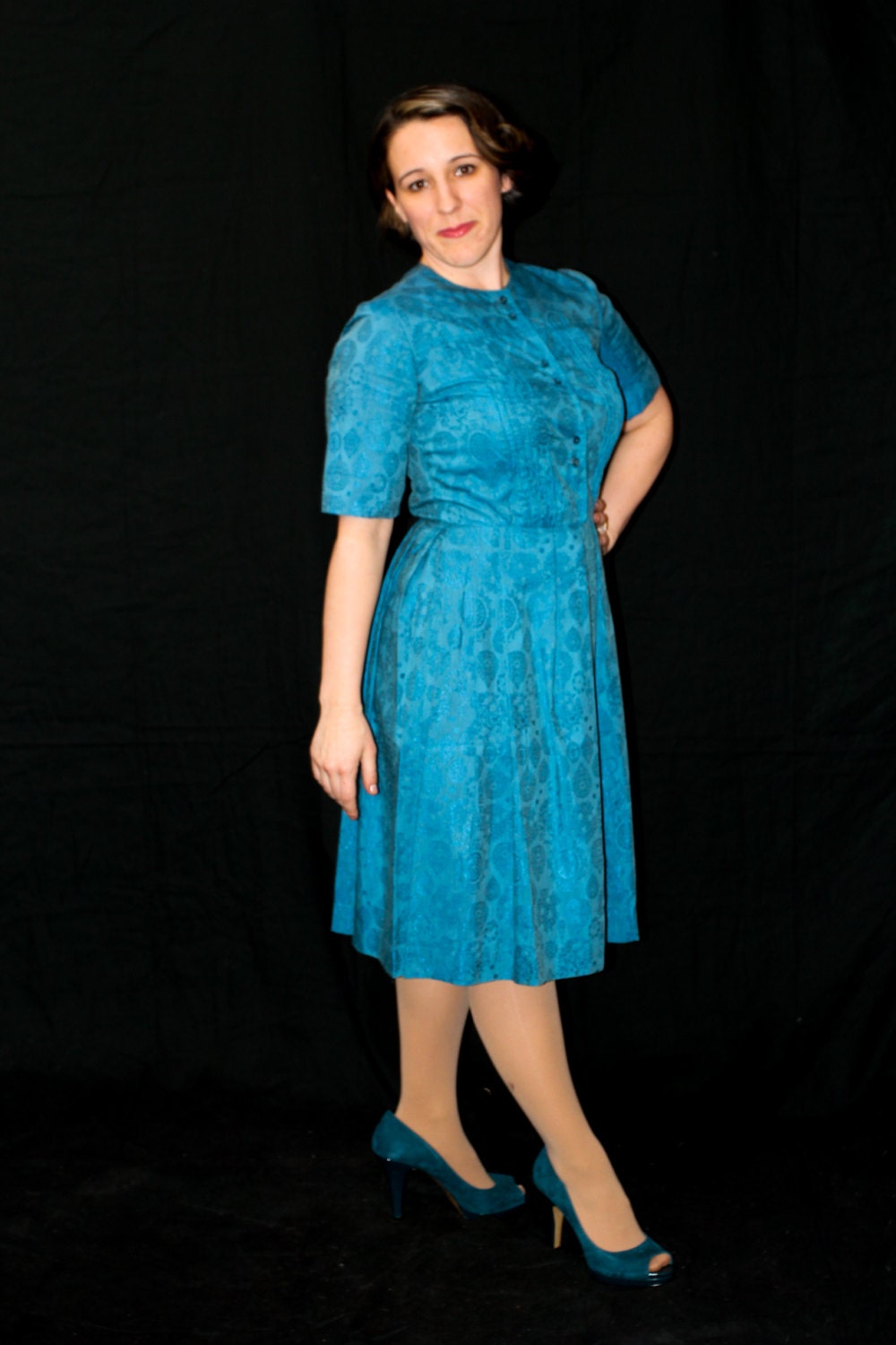 50's Vintage Coquette Shirt Waist Day Dress in Teal With 28" Waist - Etsy