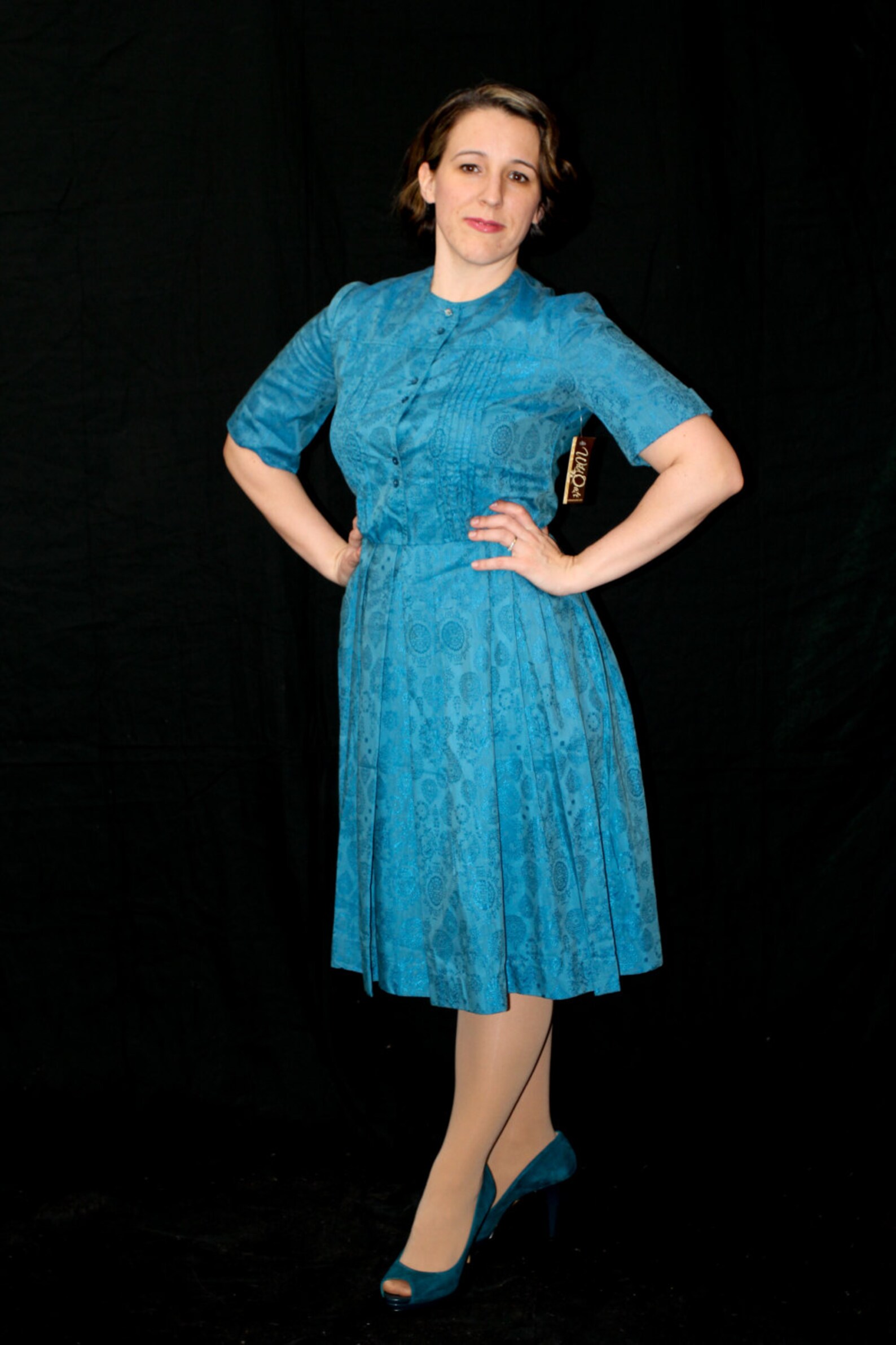 50's Vintage Coquette Shirt Waist Day Dress in Teal With 28" Waist - Etsy