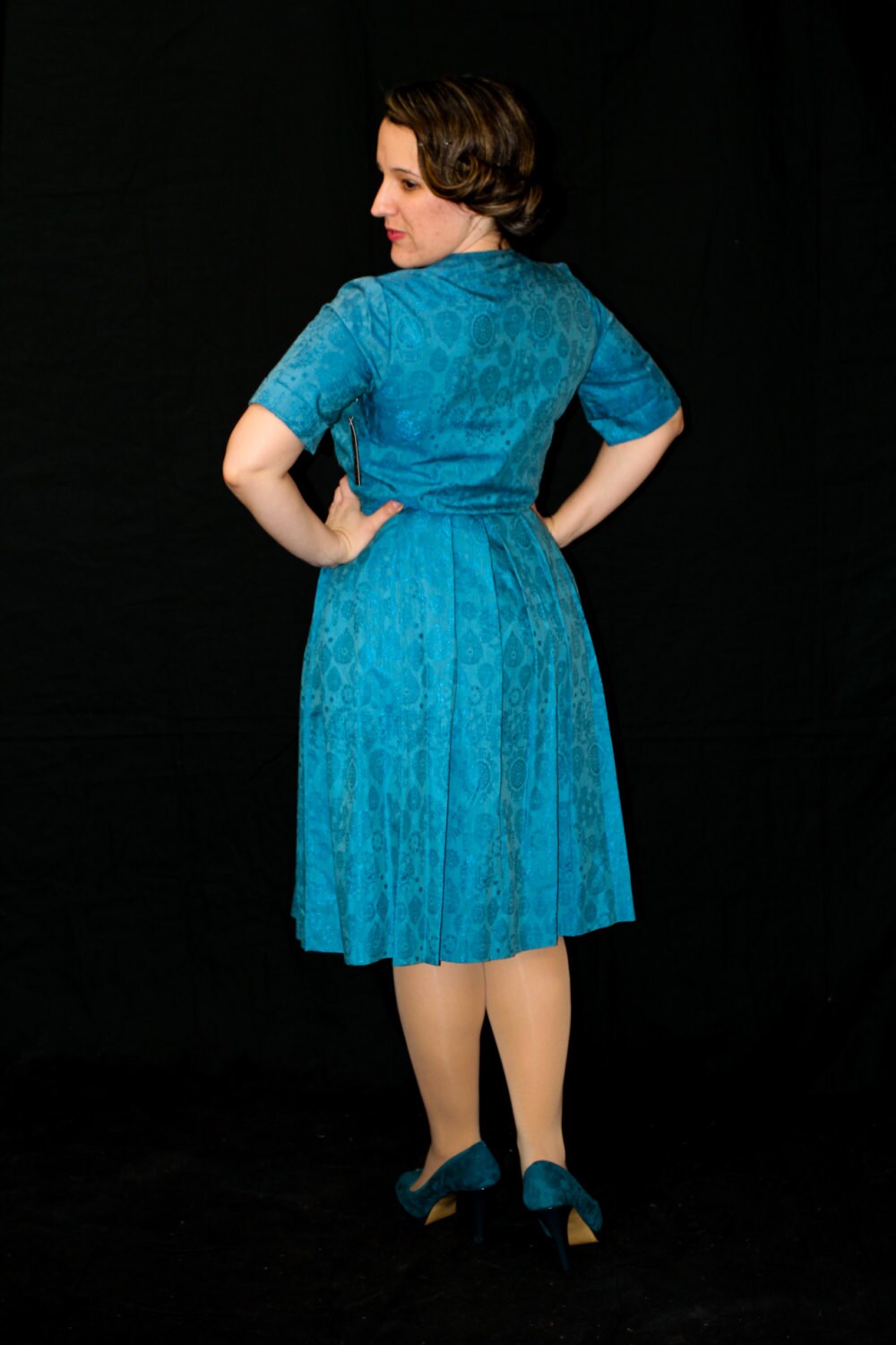 50's Vintage Coquette Shirt Waist Day Dress in Teal With 28" Waist - Etsy