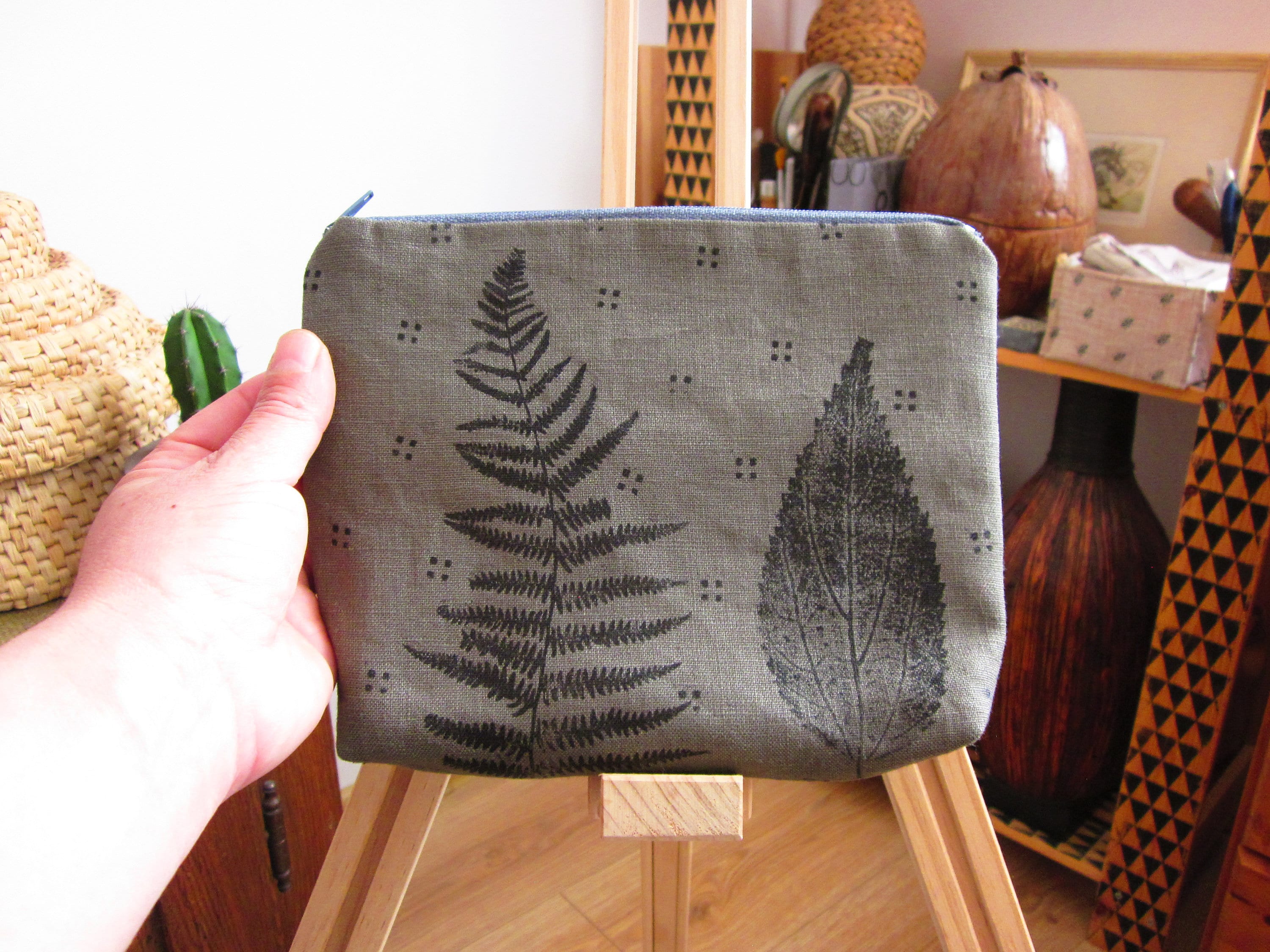 Fern Linen Cosmetic Pouch, Small Fabric Purse, Handprinted Linen Pouch ...
