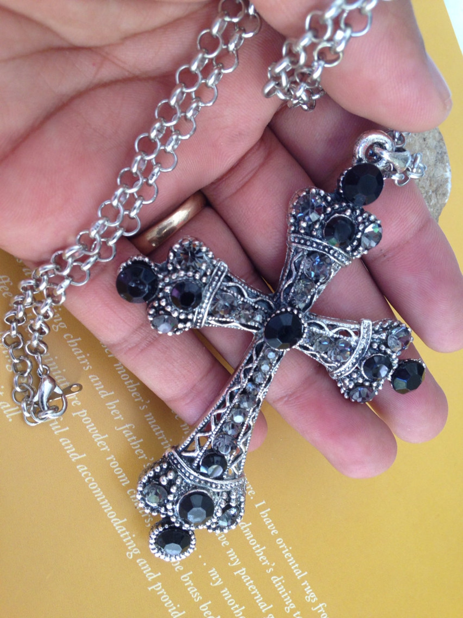 Rhinestone Cross Necklace / Embellished Cross Black Rhinestone / Cruz ...