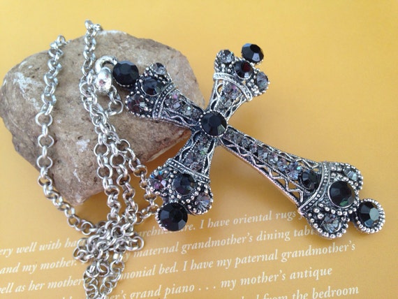 Rhinestone Cross Necklace / Embellished Cross Black Rhinestone | Etsy