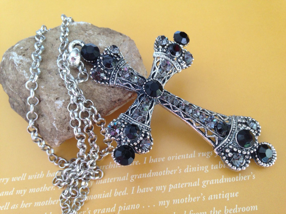 Rhinestone Cross Necklace / Embellished Cross Black Rhinestone | Etsy