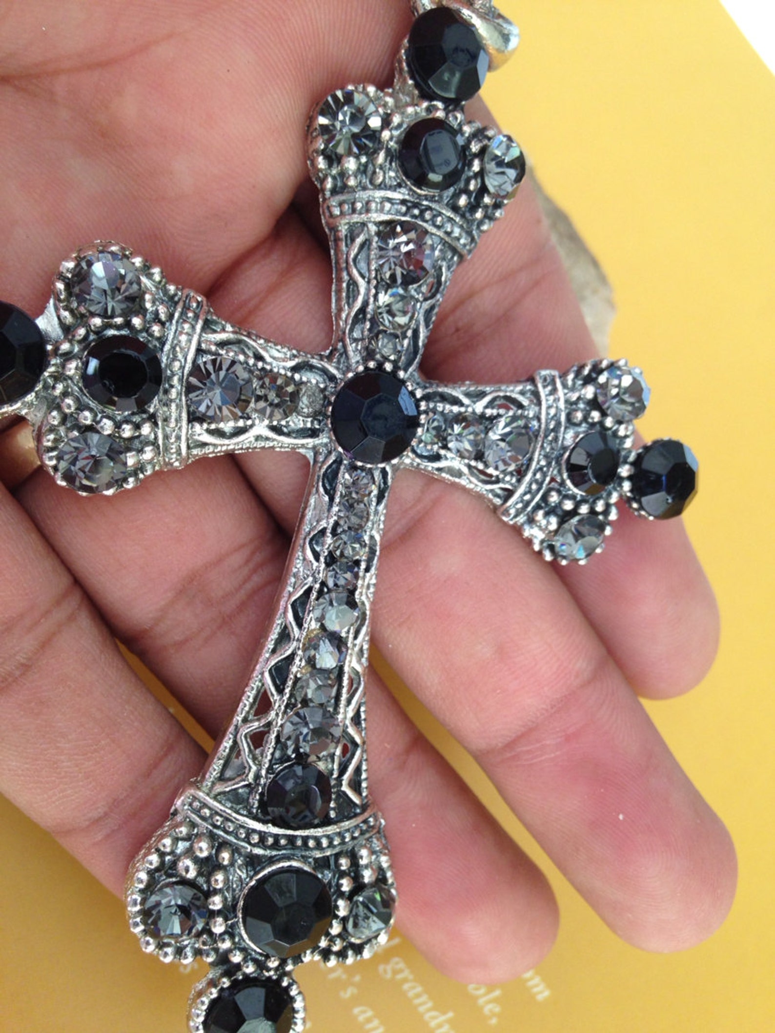 Rhinestone Cross Necklace / Embellished Cross Black Rhinestone | Etsy
