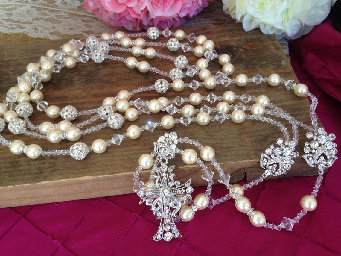 White Pearls Wedding Lasso/ Crystal Wedding Lasso/ Swarovski 12mm ...