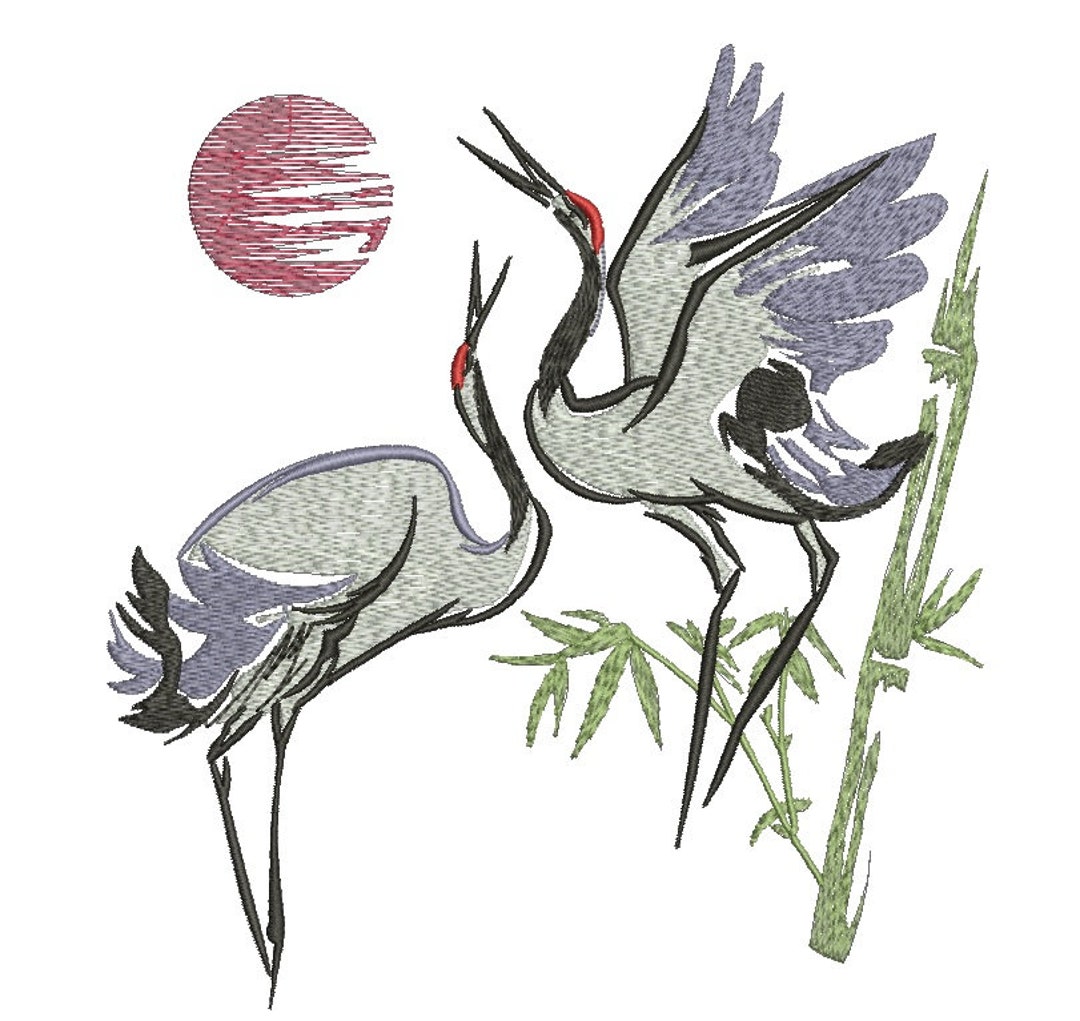 A Couple of Dancing Cranes Sun and Bamboo Branch Embroidery Design - Etsy