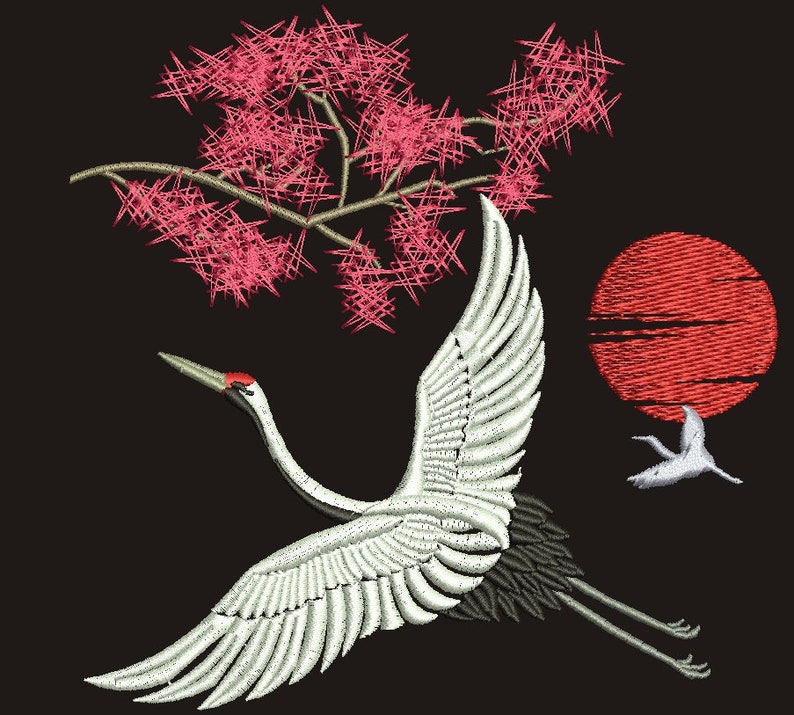 Flying Cranes Sun and Sakura Branch Embroidery Design - Etsy