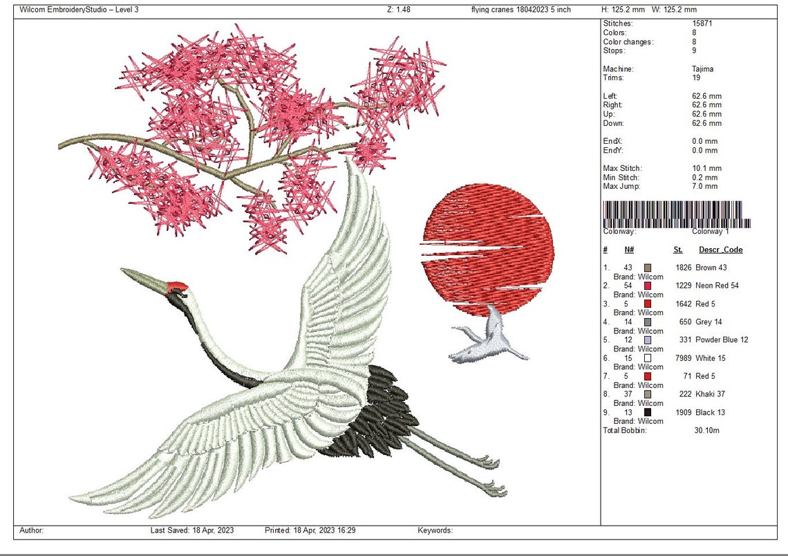 Flying Cranes Sun and Sakura Branch Embroidery Design - Etsy