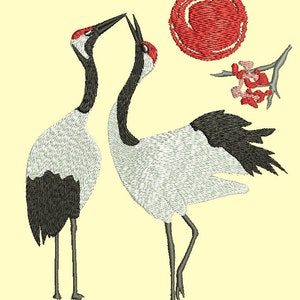 Cranes Sun and Sakura Branch Embroidery Design - Etsy