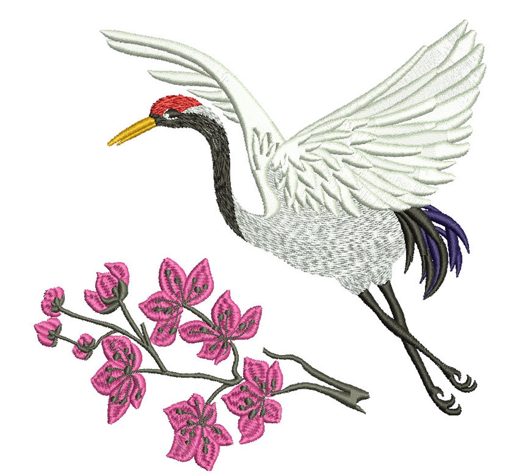 Flying Manchurian Crane Embroidery Design and Sakura Branch With Pink ...