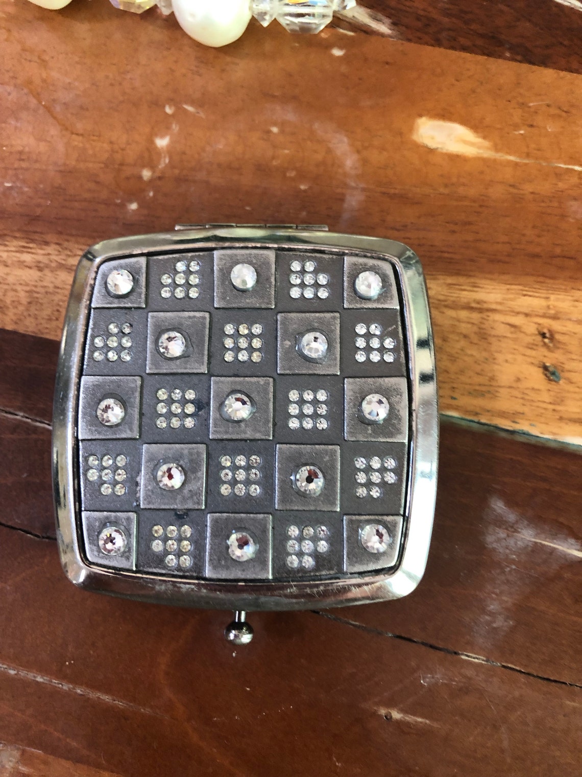 Vintage Silver Metal Checkerboard Rhinestone Compact Hand - Etsy