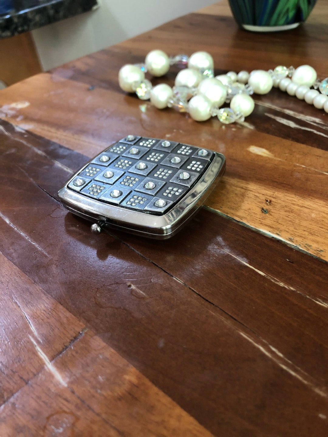 Vintage Silver Metal Checkerboard Rhinestone Compact Hand - Etsy