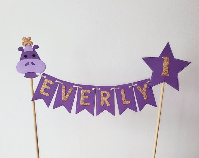 Purple Hippo Cake Topper, Personalised Bunting Cake Topper, Purple ...
