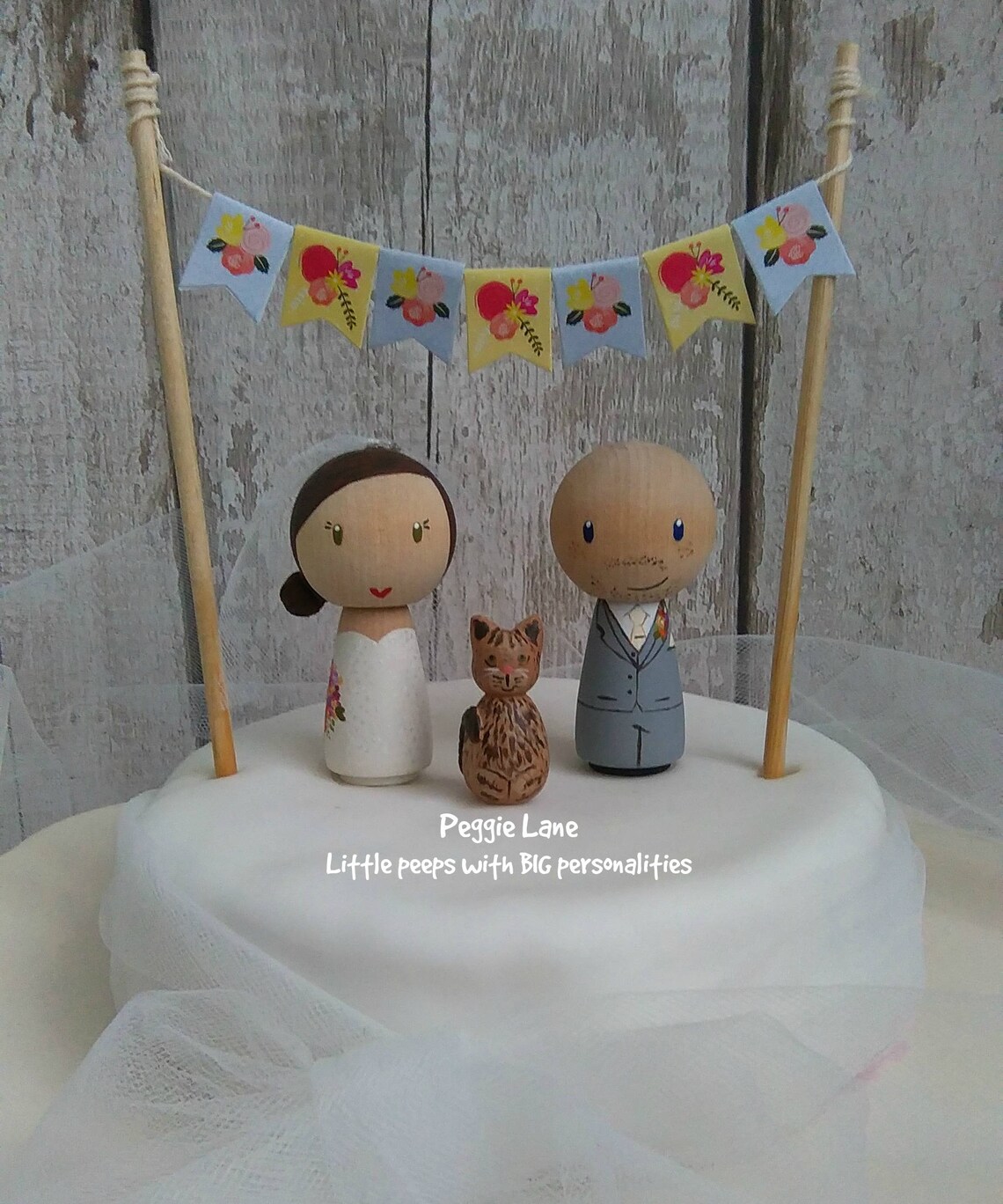 Peg Doll Wedding Cake Topper With Cat, Bride and Groom Cake Topper ...