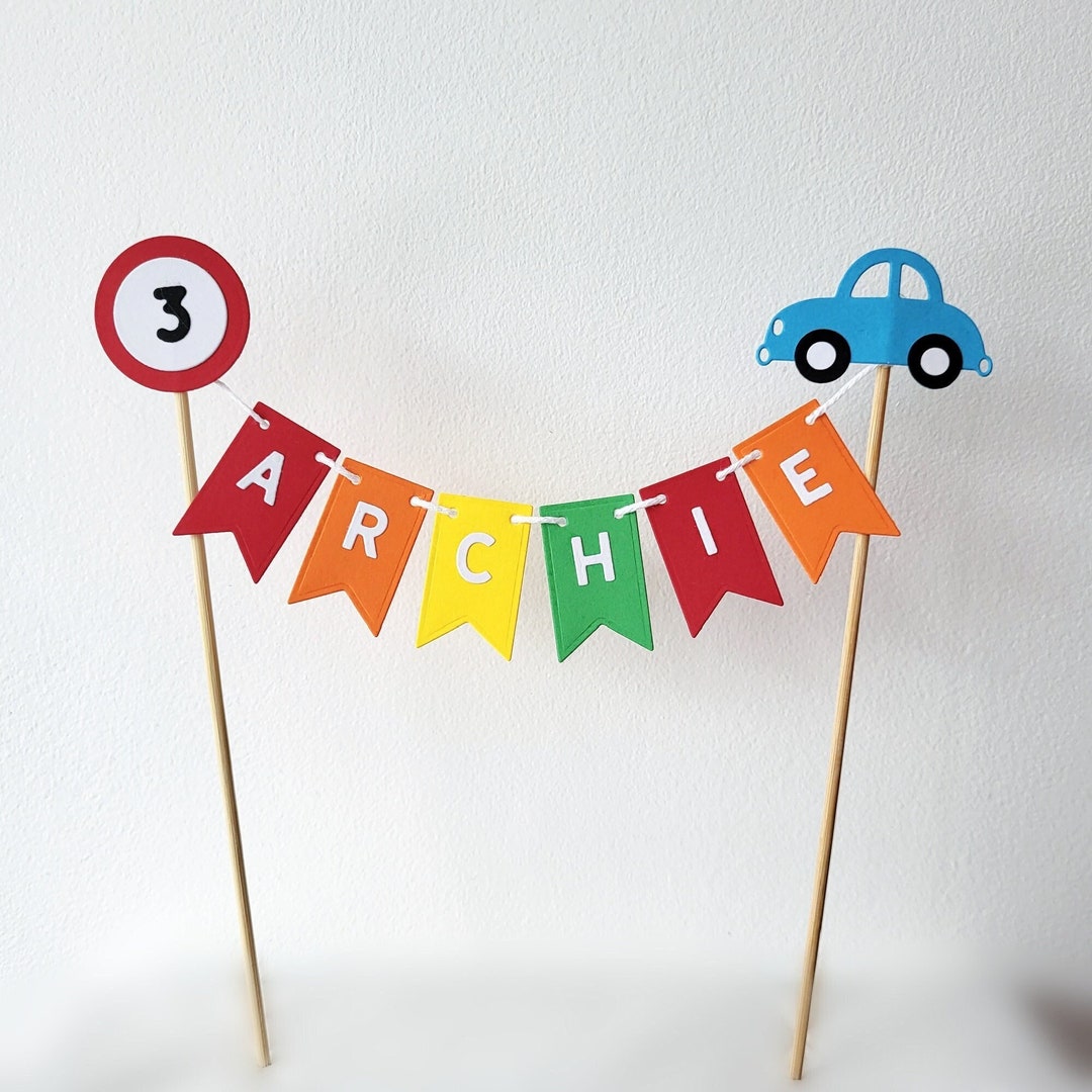 Car Topper, Transport Theme Cake Bunting, Personalised Car & Age Cake ...
