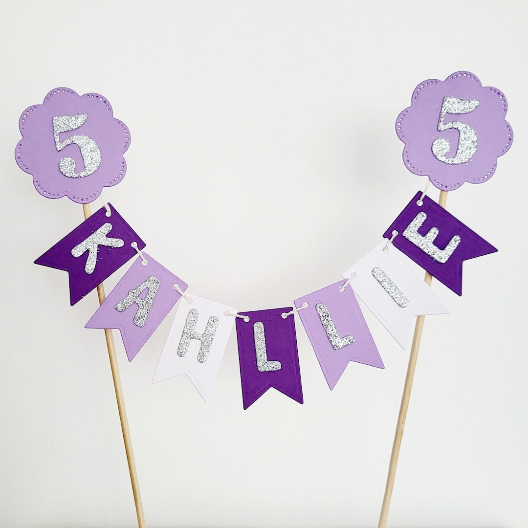 Purple Cake Topper, Purple Lilac White Cake Bunting, Presonalised ...