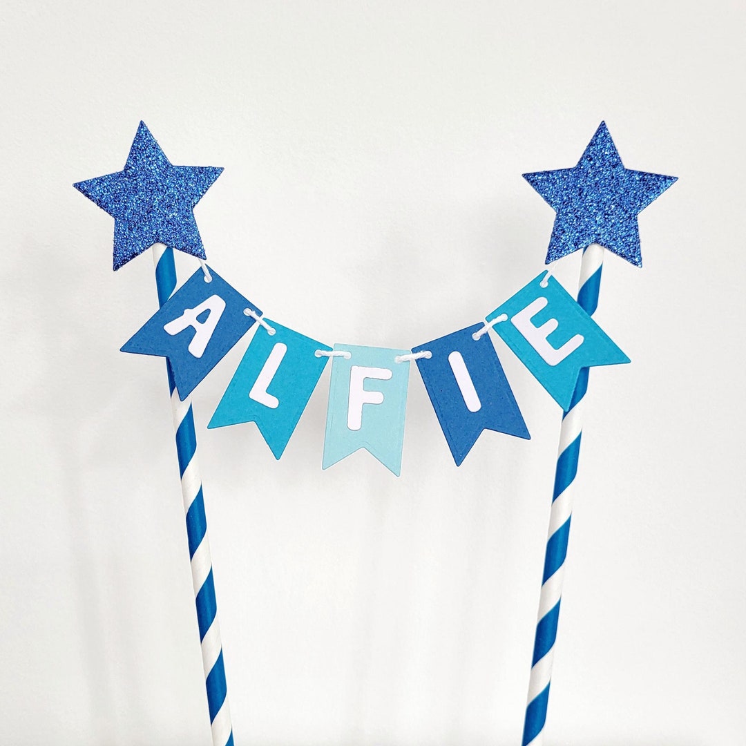 Blue Cake Topper, Blue Bunting Cake Topper, Personalised Glitter Cake ...