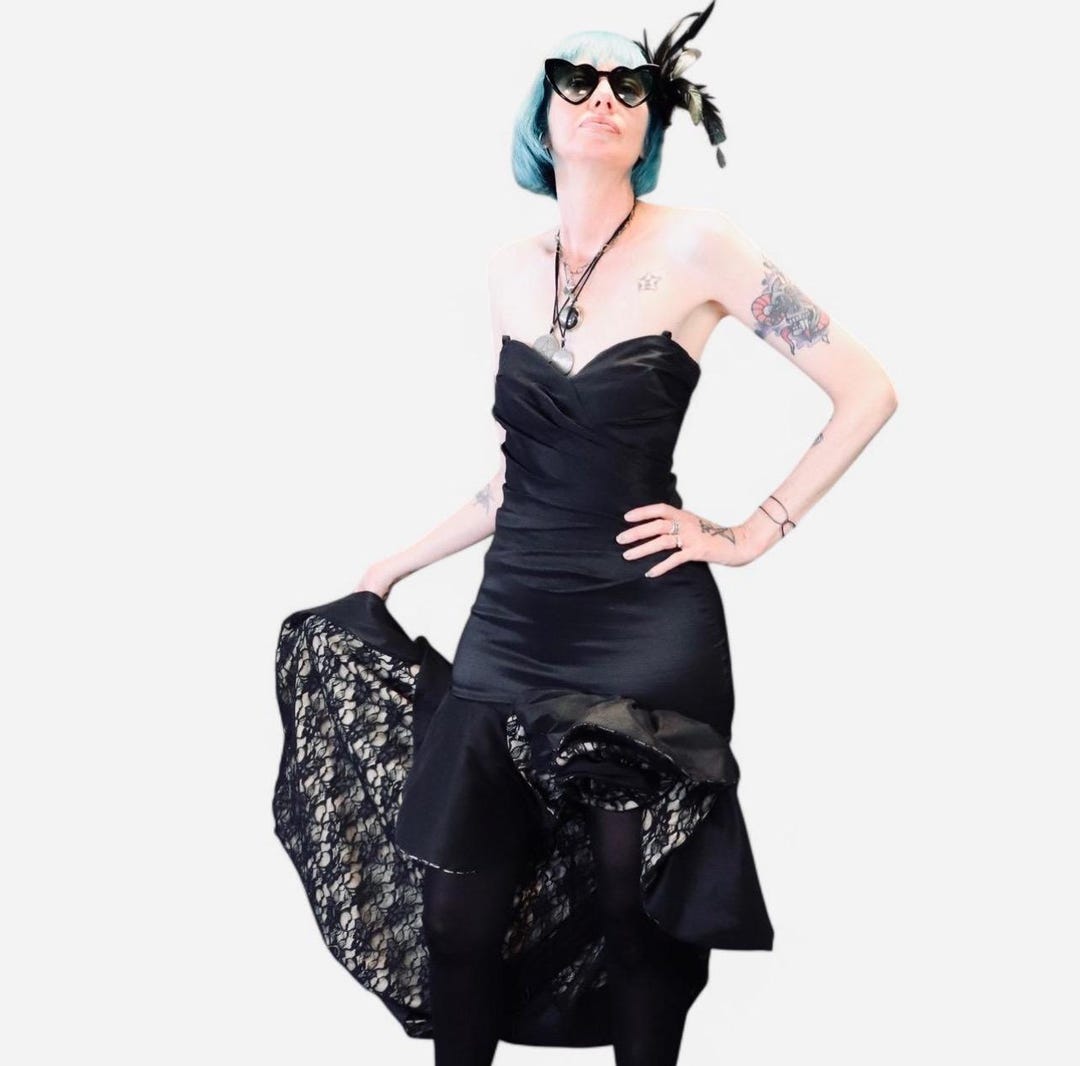 Vintage 1990s Inky Black Lace Hourglass High Low Dress With Exaggerated ...