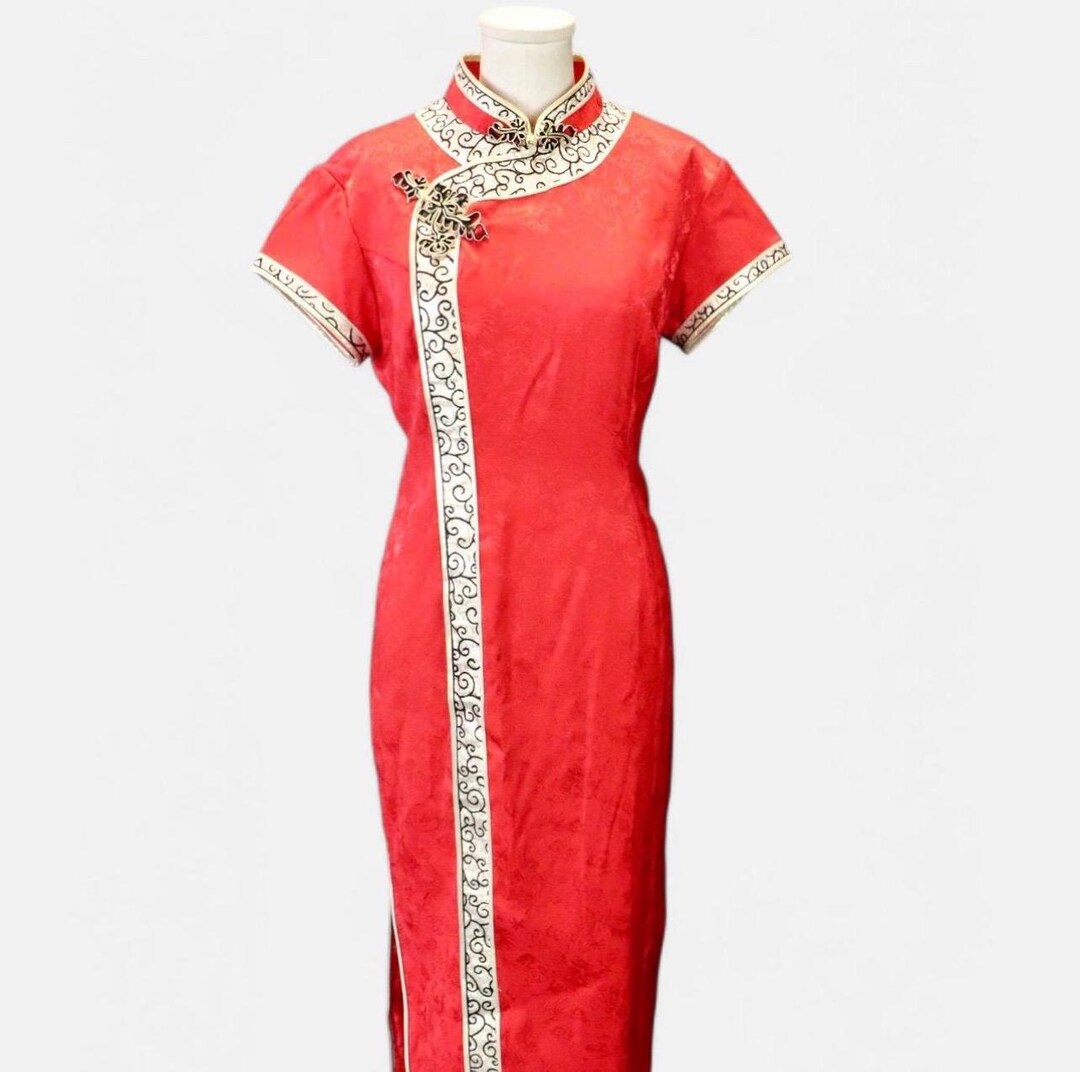 Vintage Red, Gold, and Black Qipao // Cheongsam Maxi Dress With Dragon ...