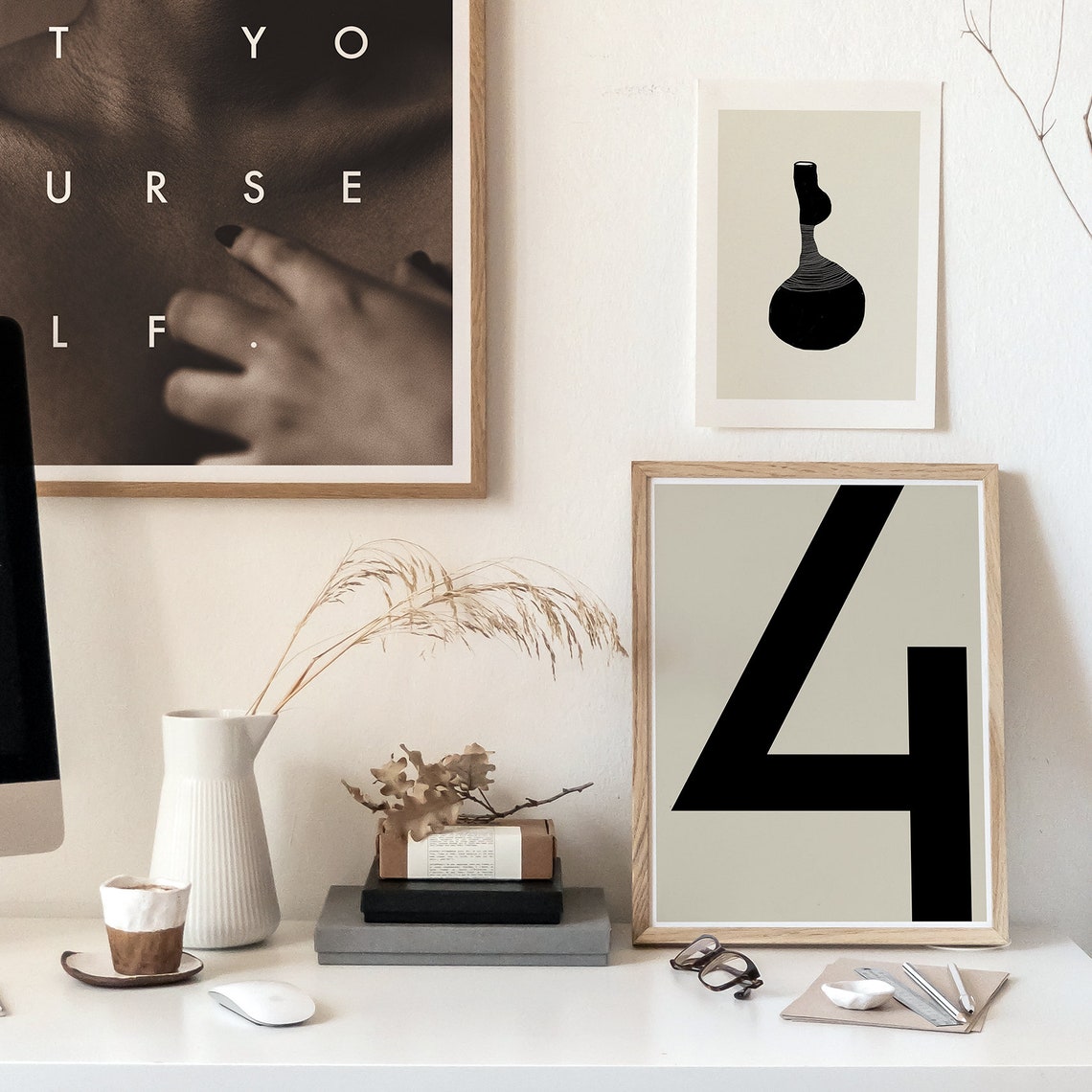 Number 4 Typography Print: Beige & Black Scandinavian Art (digital ...