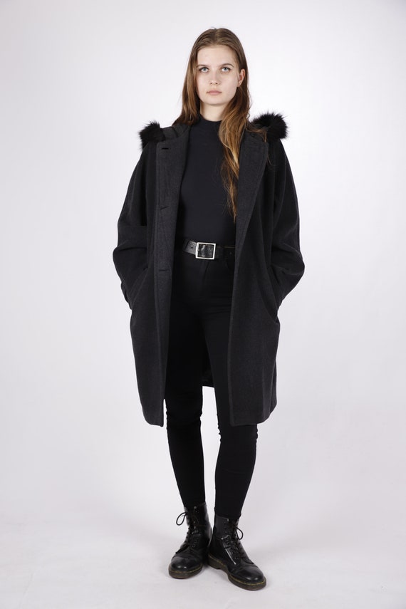 1970s Vintage Dark Grey Wool Fluffy Hooded Greatcoat … - Gem