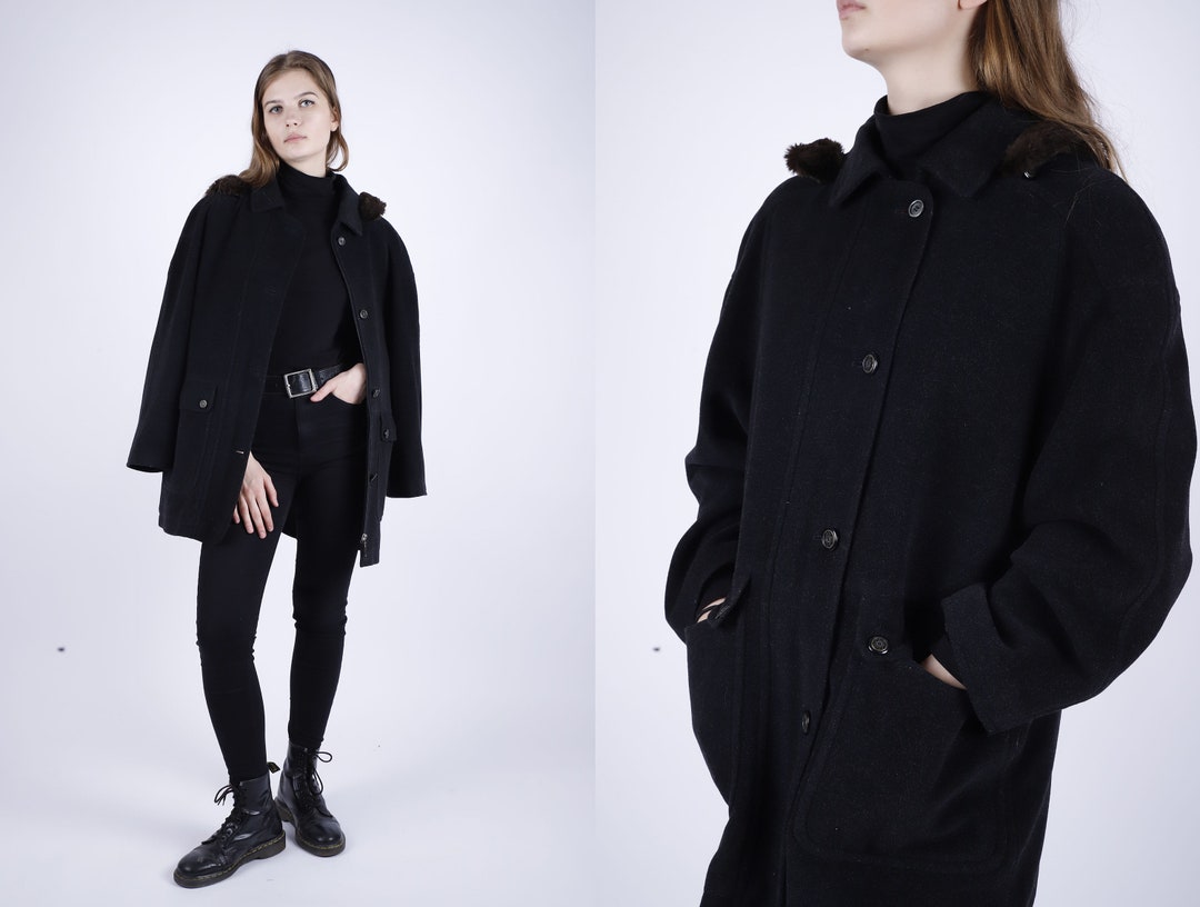 1970s Vintage Black Loden Wool Greatcoat Overcoat Winter Black Fluffy ...
